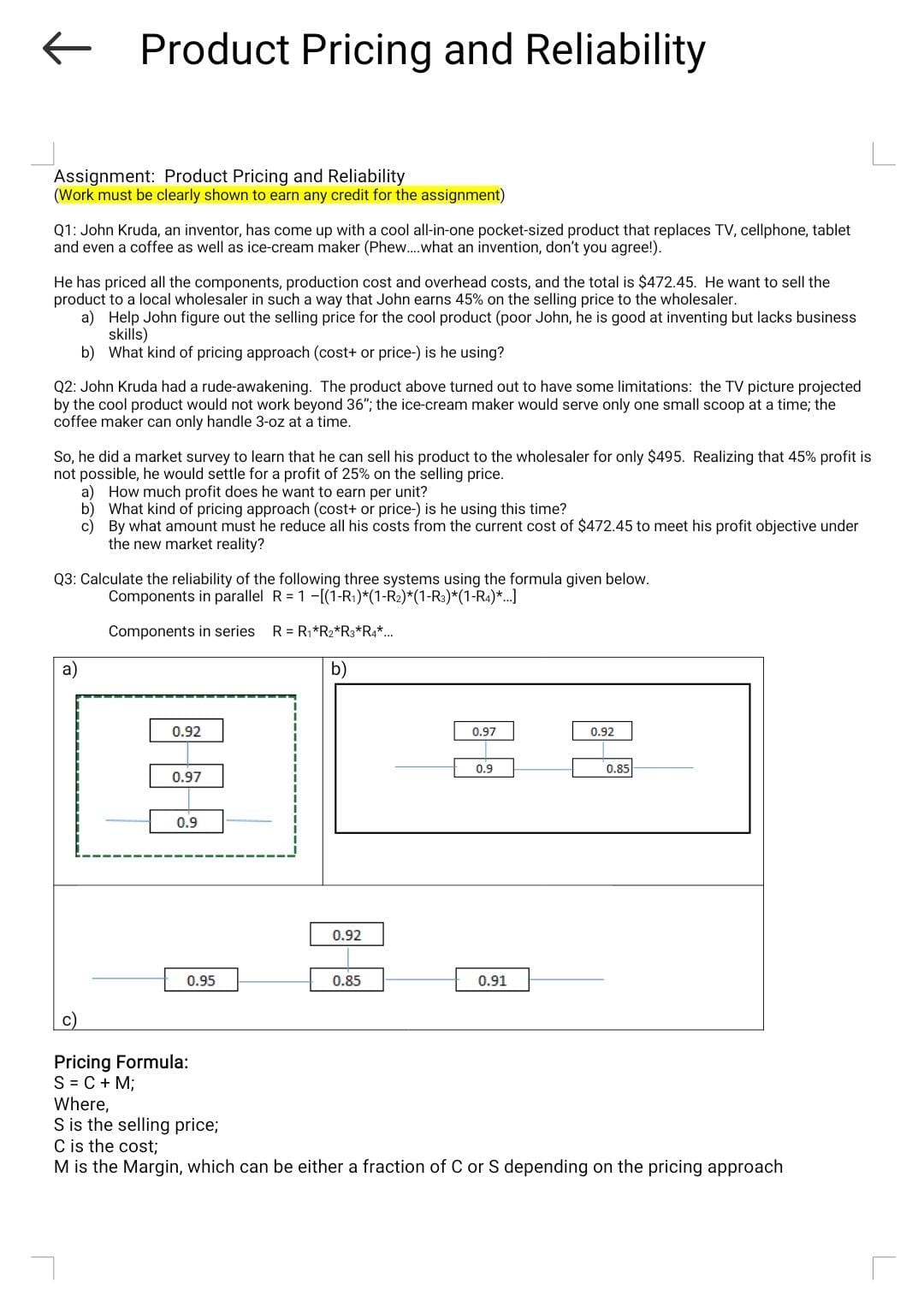 Solved larr, Product Pricing and ReliabilityAssignment: | Chegg.com