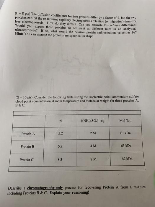 (F-8 pts) The diffusion coefficients for two proteins | Chegg.com