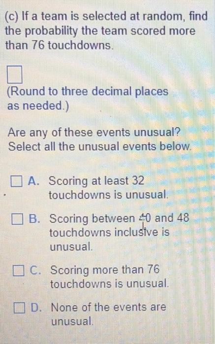Solved A stem-and-leaf plot for the number of touchdowns | Chegg.com