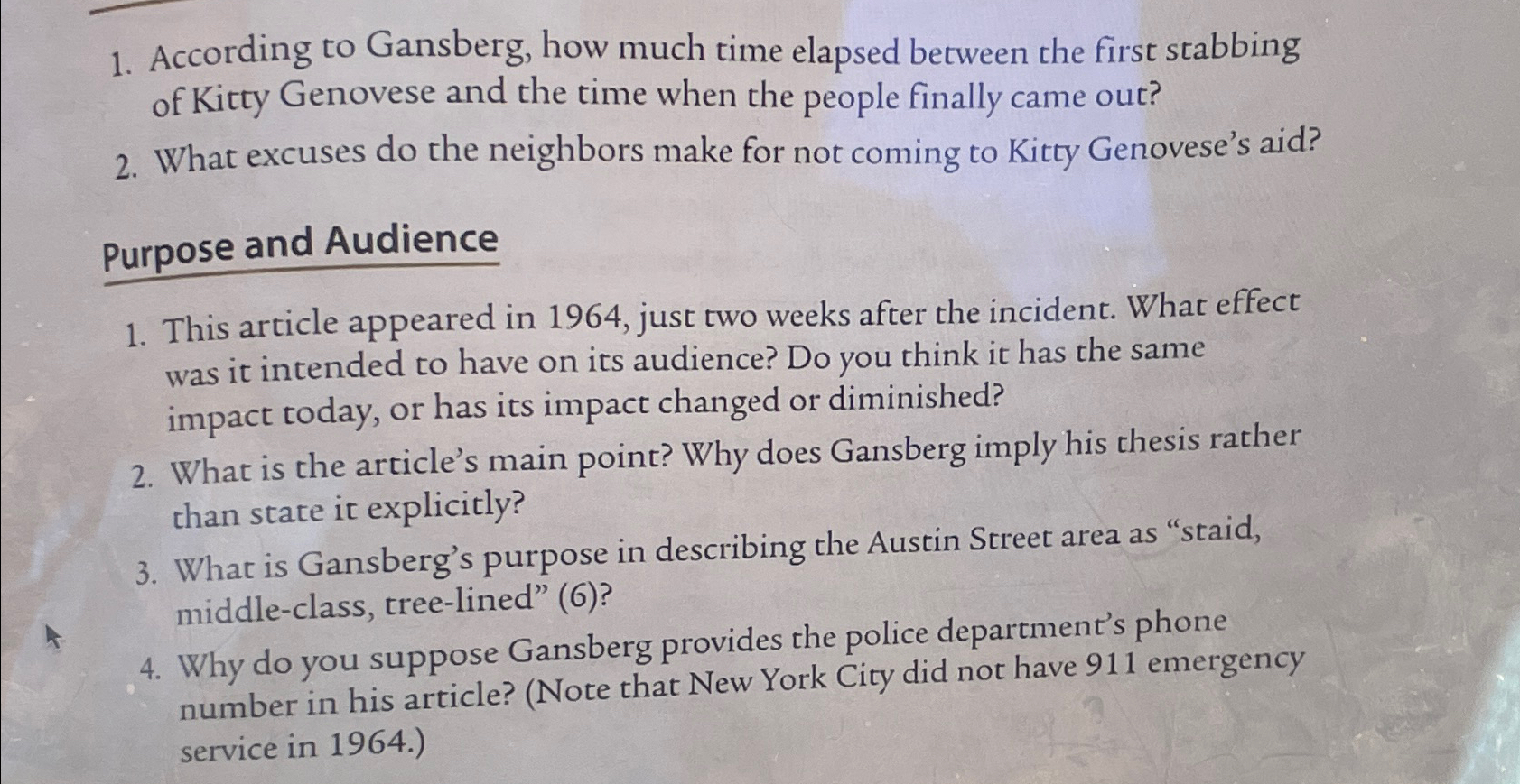 Solved According to Gansberg, how much time elapsed between | Chegg.com