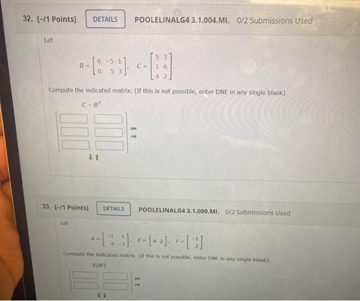 Solved 32. [-11 Points) DETAILS POOLELINALG4 3.1.004.MI. 0/2 | Chegg.com