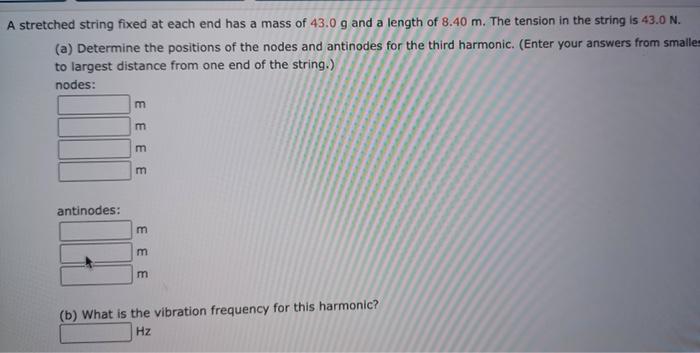 Solved stretched string fixed at each end has a mass of 43.0 | Chegg.com