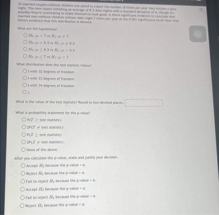Solved 33 married couples without children are asked to | Chegg.com