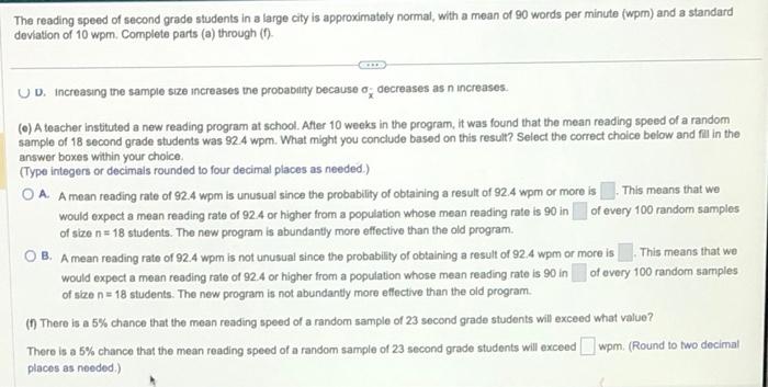 Solved The reading speed of second grade students in a large | Chegg.com