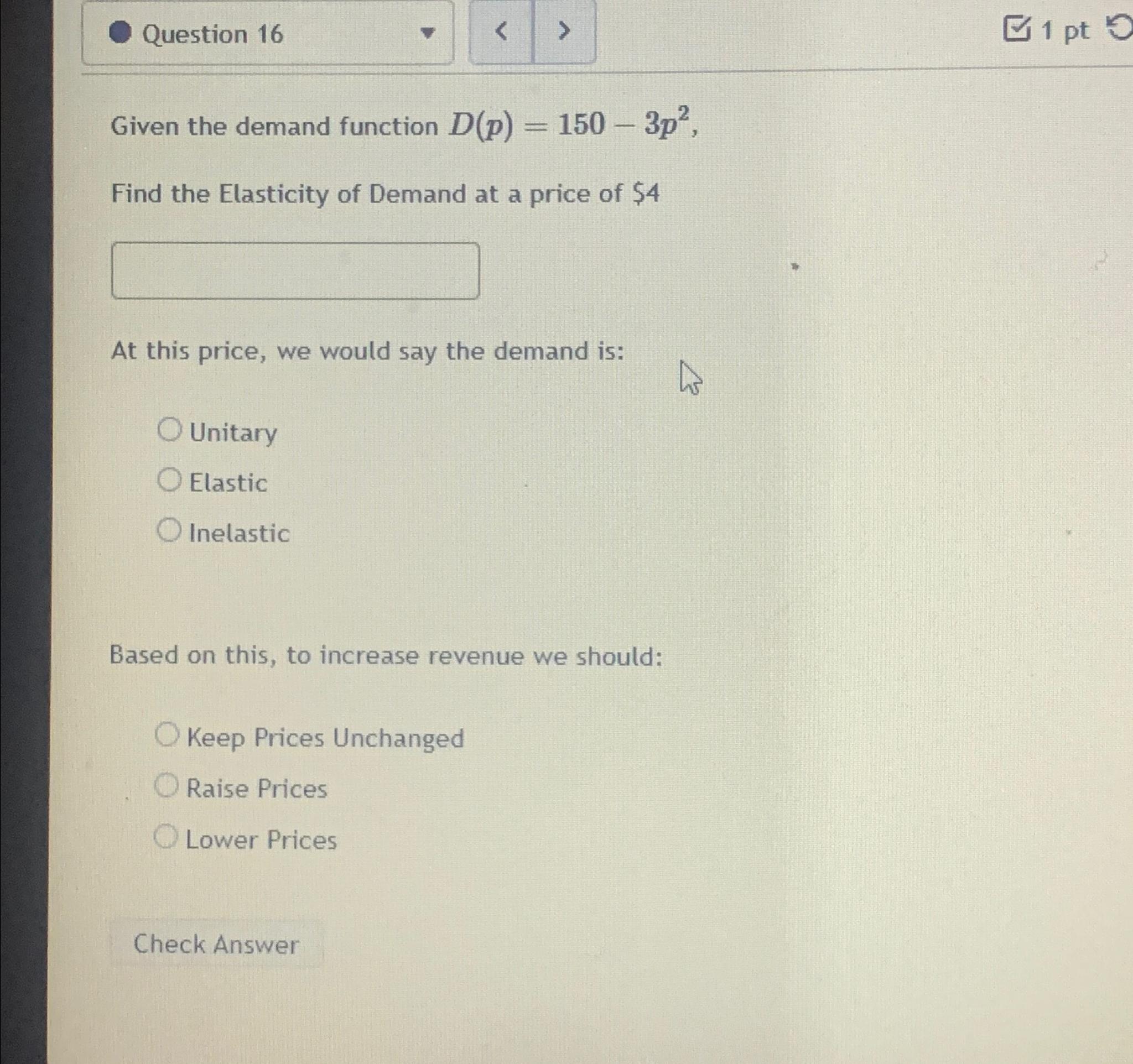 Solved Question 161ptGiven the demand function | Chegg.com