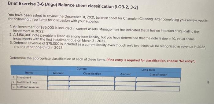 Solved Brief Exercise 3-6 (Algo) Balance sheet | Chegg.com