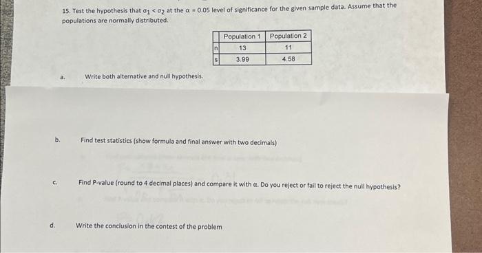 Solved 15 Test The Hypothesis That σ1 3859