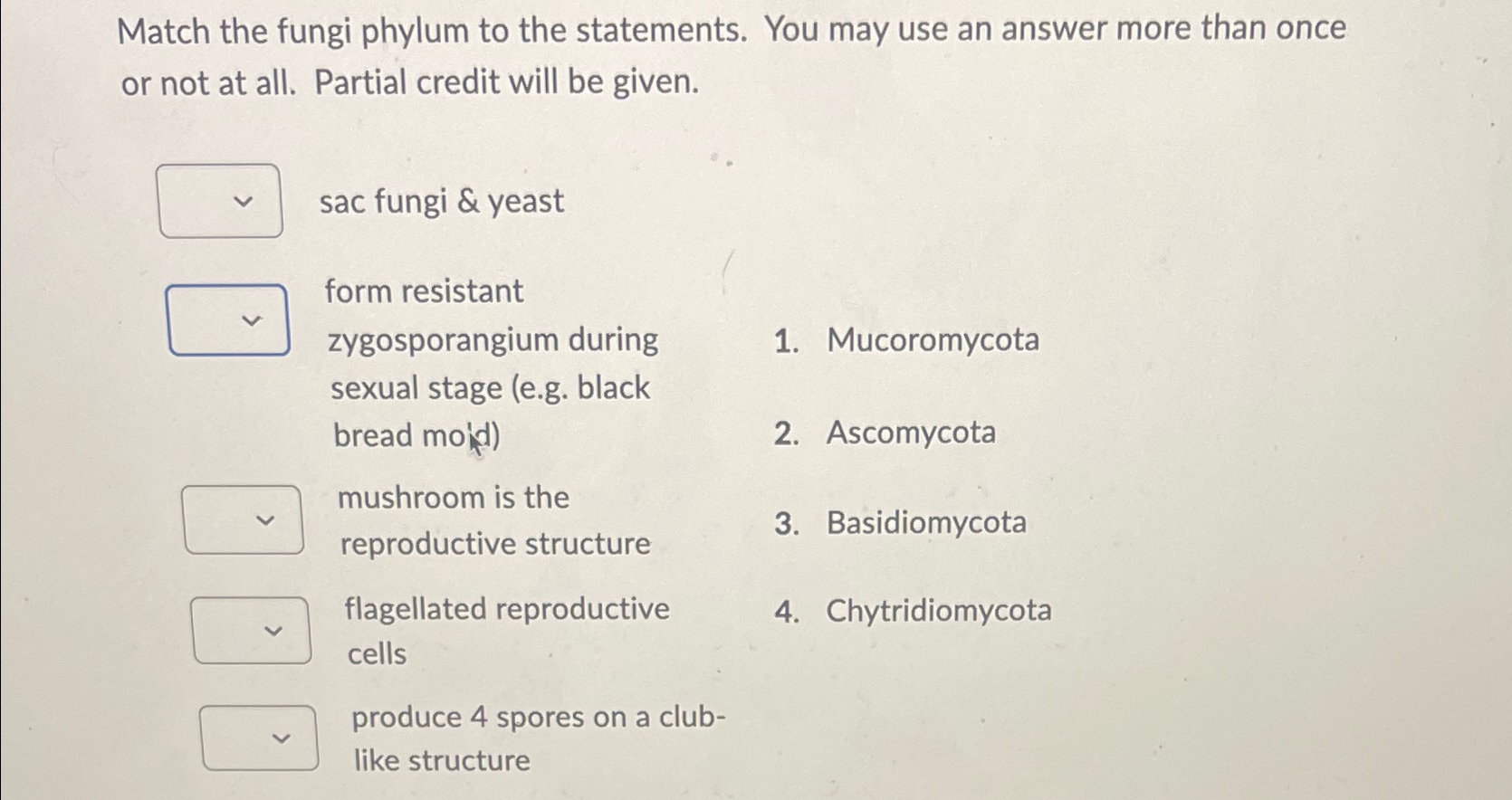 Solved Match the fungi phylum to the statements. You may use | Chegg.com