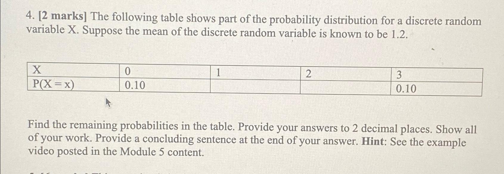 Solved [2 ﻿marks] ﻿The following table shows part of the | Chegg.com
