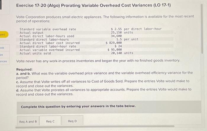 Solved Exercise 17-20 (Algo) Prorating Variable Overhead | Chegg.com