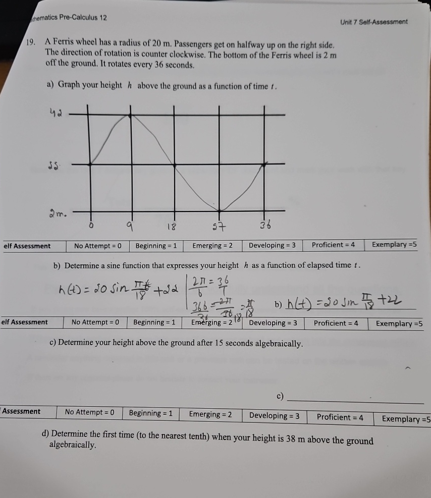 Solved fhematics Pre-Calculus 12Unit 7 ﻿Self-Assessment19. | Chegg.com