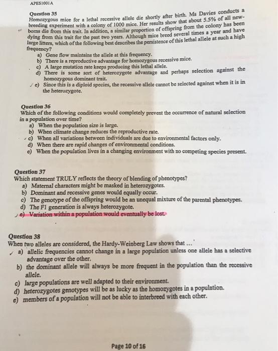 Solved APES1001A Question 35 Homozygous mice for a lethal | Chegg.com