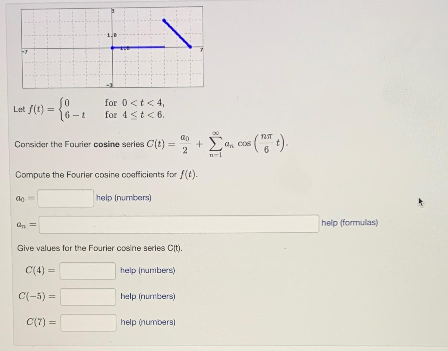 Solved Let C(t)=a02+∑n=1∞ancos(nπ6t)f(t)a0= ﻿help (numbers) | Chegg.com