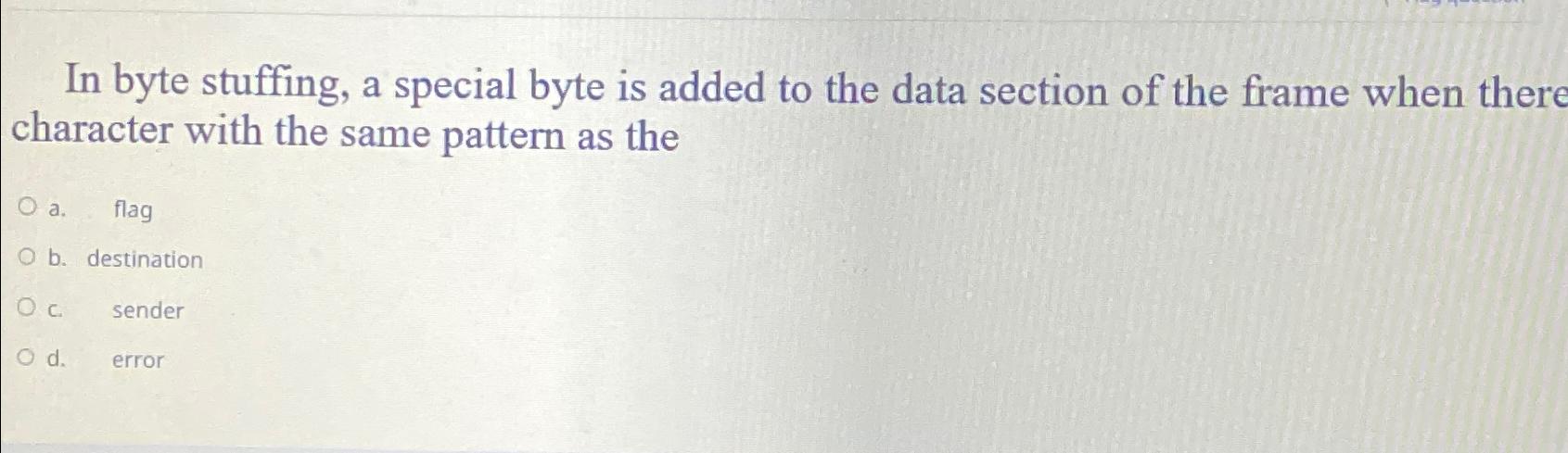 Solved In byte stuffing, a special byte is added to the data | Chegg.com