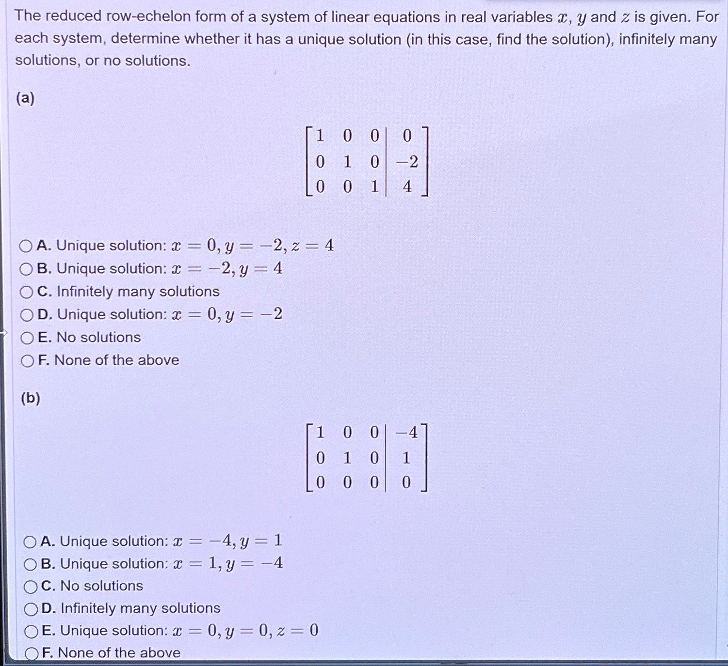 Solved The reduced row-echelon form of a system of linear | Chegg.com