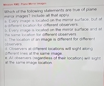 Solved Mission RM2: Plane Mirror ImagesWhich of the | Chegg.com