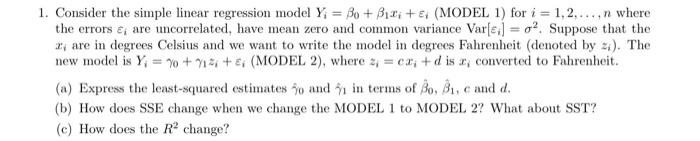 Solved 1. Consider the simple linear regression model | Chegg.com