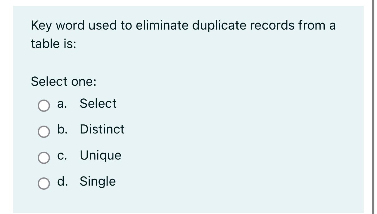 Solved Key word used to eliminate duplicate records from a | Chegg.com