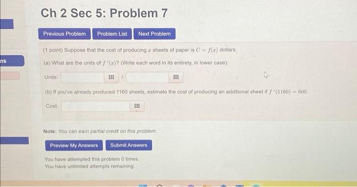 Solved (1 point) Suppose that the cost of producing x sheets | Chegg.com