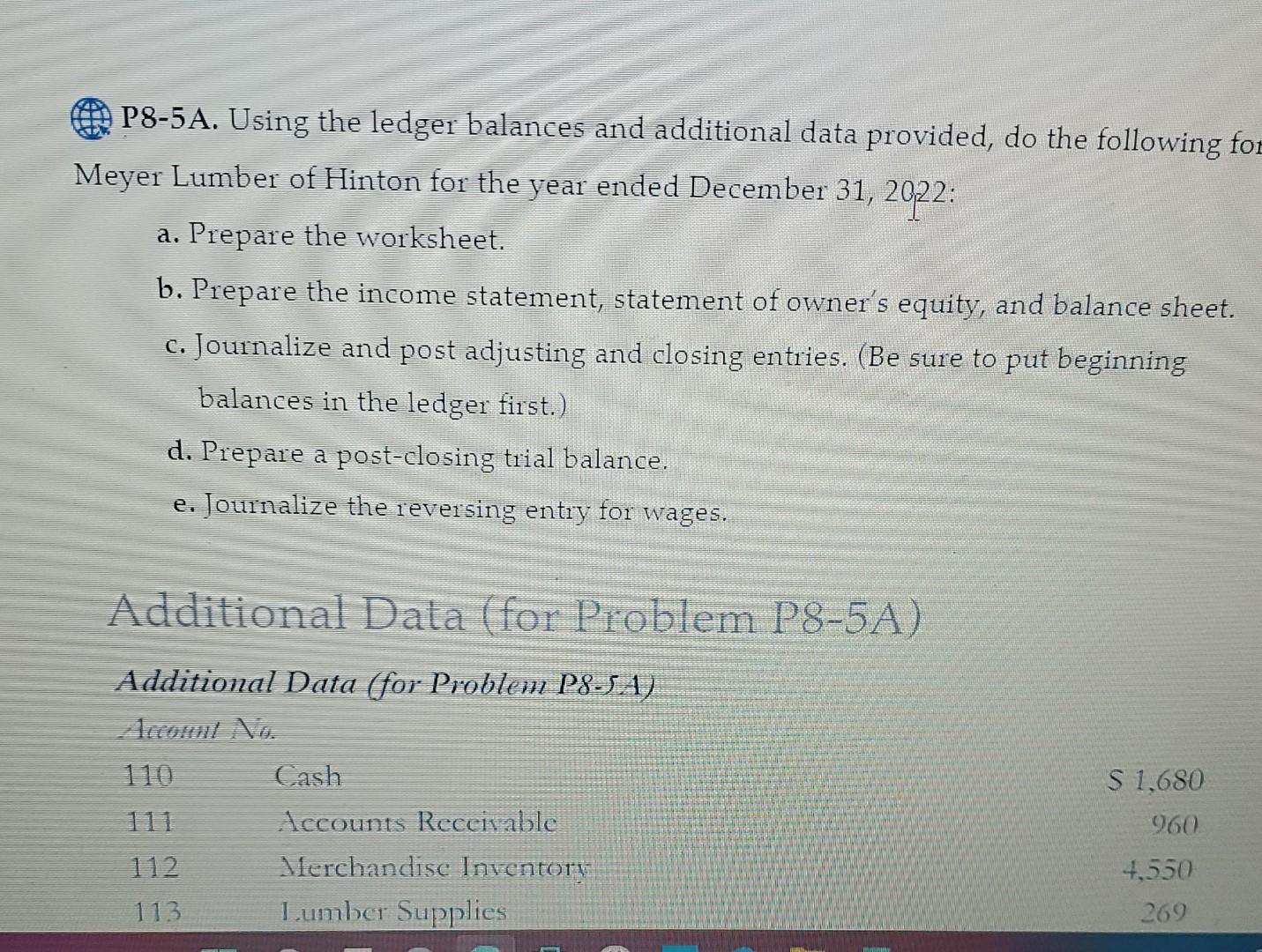 Solved P8-5A. Using the ledger balances and additional data | Chegg.com