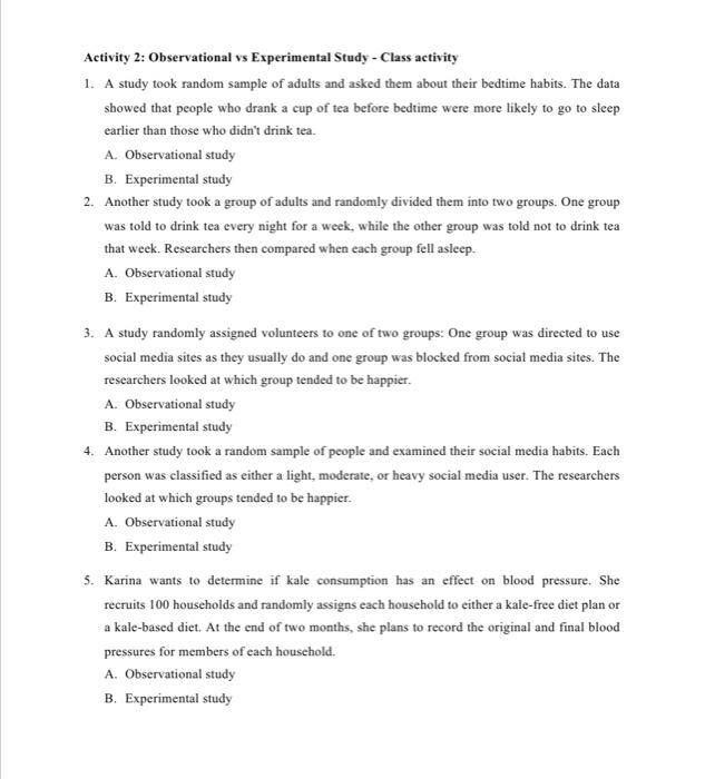 Solved Activity 2: Observational vs Experimental Study - | Chegg.com