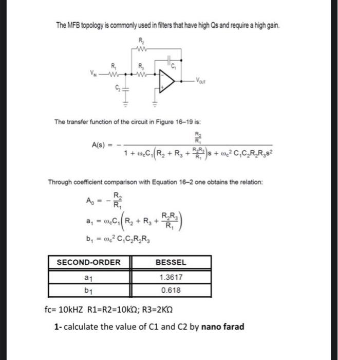 Solved The MFB topology is commonly used in fiters that have | Chegg.com