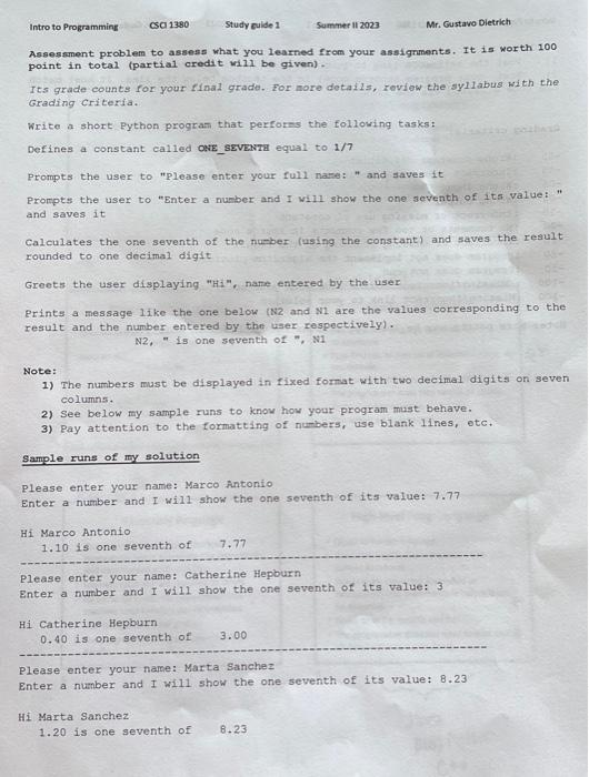 Solved Intro to Programmine csc1380 Study culde 1 Summer | Chegg.com