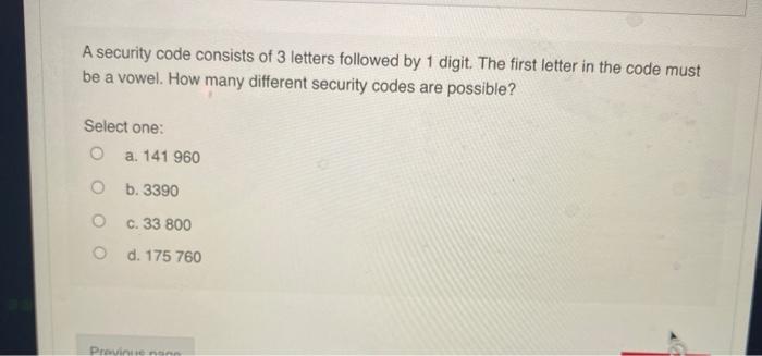 Solved A security code consists of 3 letters followed by 1 | Chegg.com