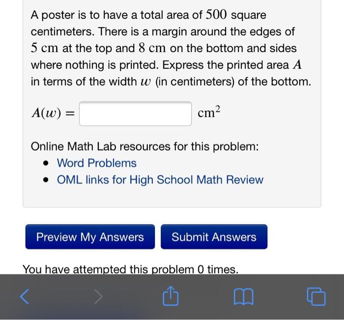 Solved A poster is to have a total area of 500 square | Chegg.com
