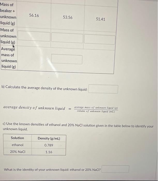 Solved t1 - Density of Unknown Liquid a) Complete the | Chegg.com