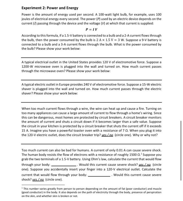 Solved Experiment 2: Power and Energy Power is the amount of | Chegg.com