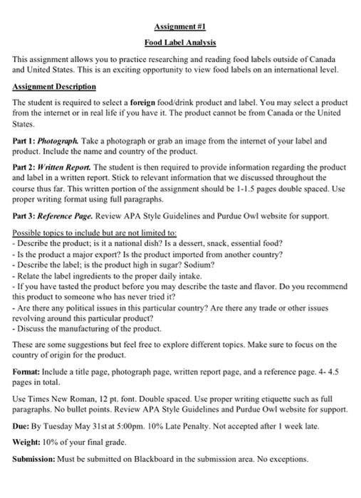 Assignment #1 Food Label Analysis This assignment | Chegg.com