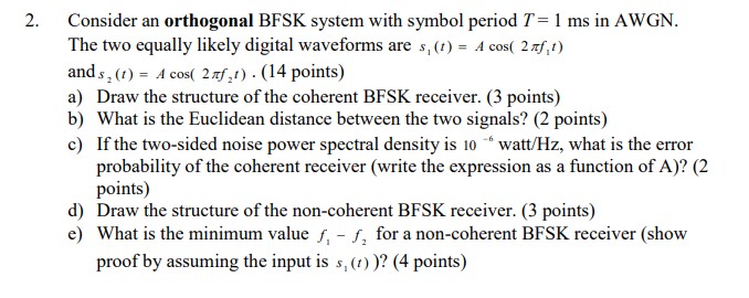 Solved Consider an orthogonal BFSK system with symbol period | Chegg.com