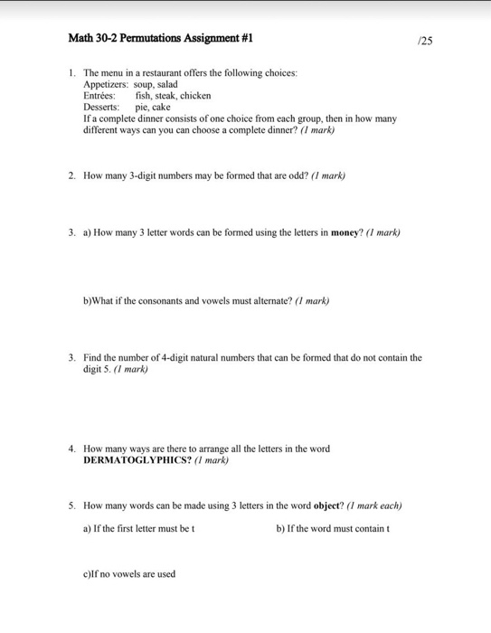 Solved Math 30-2 Permutations Assignment #1 1. The menu in a | Chegg.com