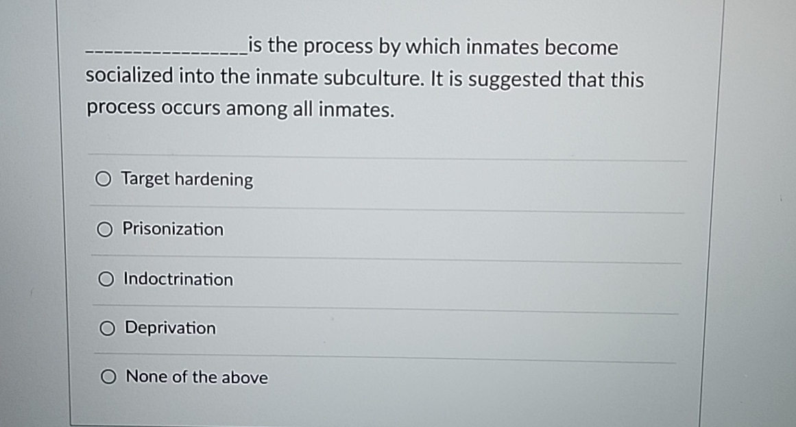 Solved q, ﻿is the process by which inmates become socialized | Chegg.com