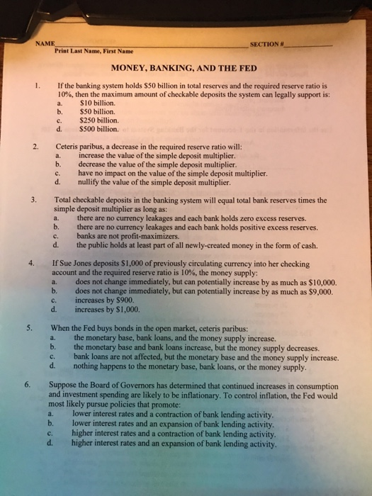 Solved SECTION NAME Print Last Name, First Name MONEY, | Chegg.com