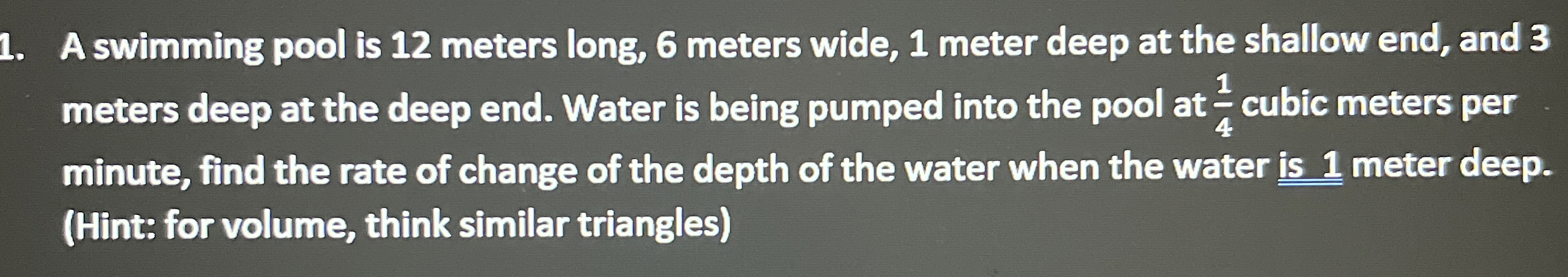 Solved A swimming pool is 12 ﻿meters long, 6 ﻿meters wide, 1 | Chegg.com