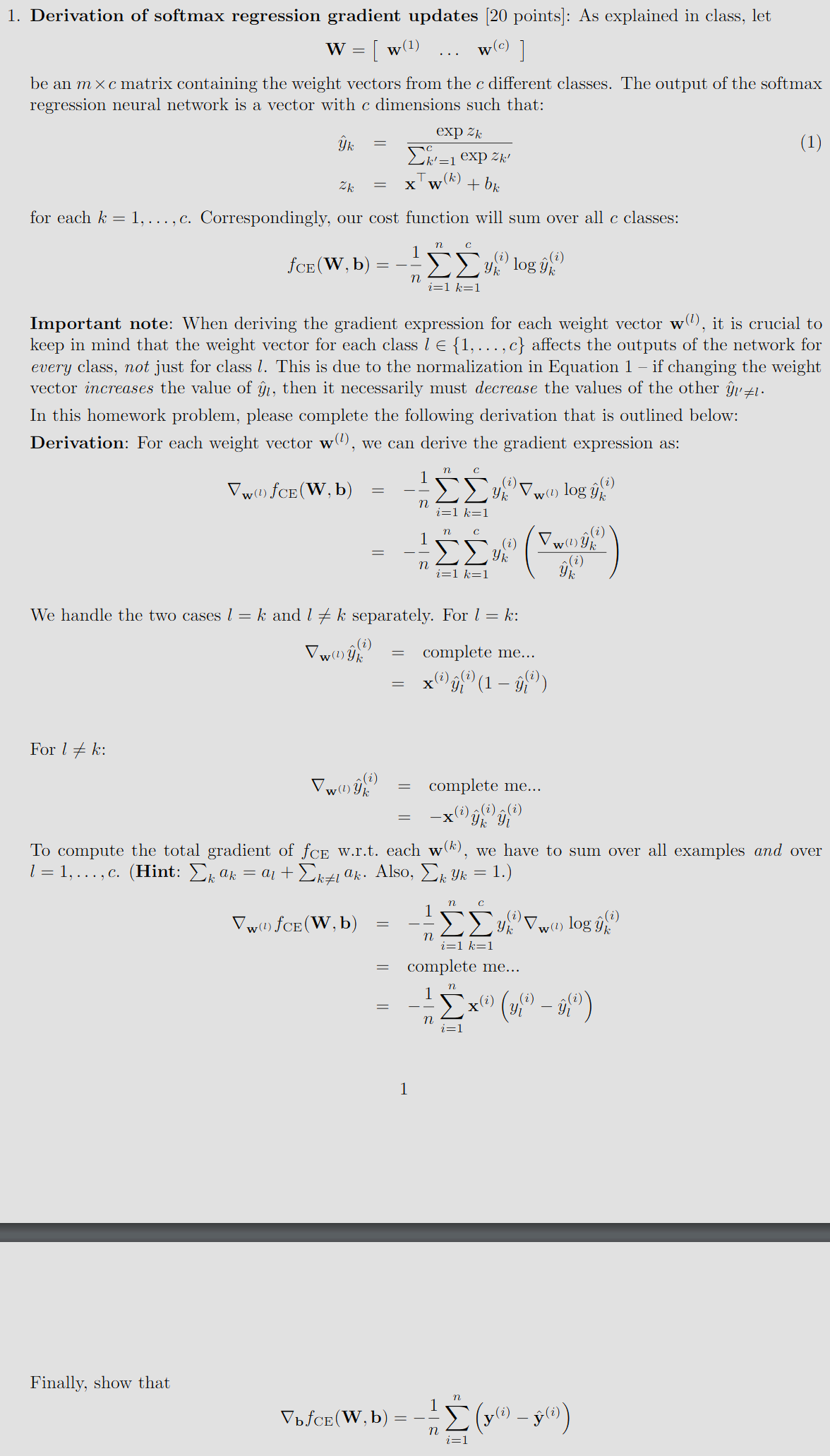 Solved Derivation Of Softmax Regression Gradient Updates 20 