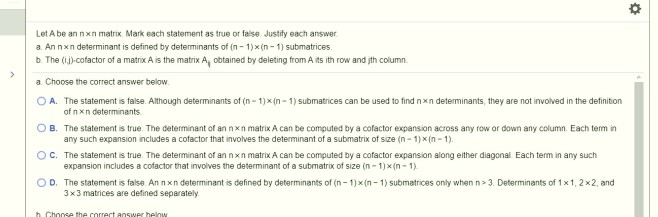 Solved > Let Abe an nxn matrix Mark each statement as true | Chegg.com