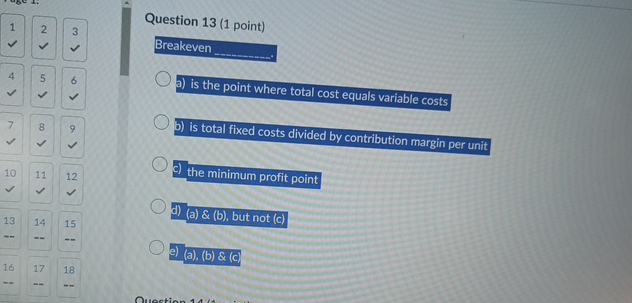 Solved Question 13 (1 ﻿point)Breakeven ﻿a) ﻿is the point | Chegg.com