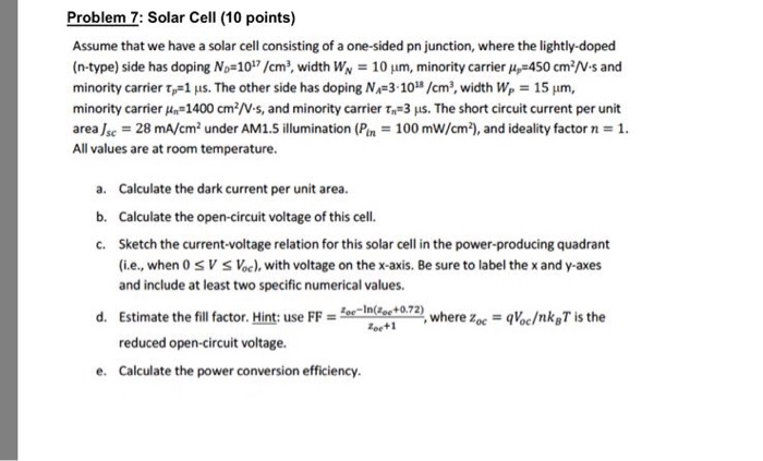 Solved Problem 7: Solar Cell (10 points) Assume that we have | Chegg.com
