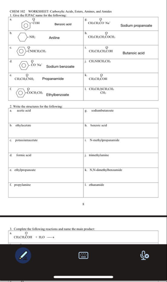 CHEM 102 ﻿WORKSHEET: Carboxylic Acids, Esters, | Chegg.com