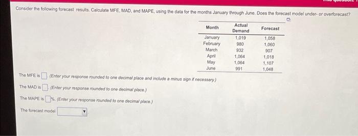 Solved Consider the following forecast results. Calculate | Chegg.com