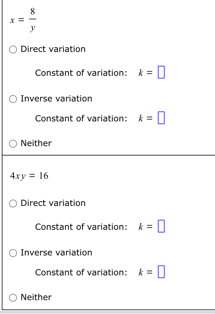Solved x=8yDirect variationConstant of variation: k=Inverse | Chegg.com