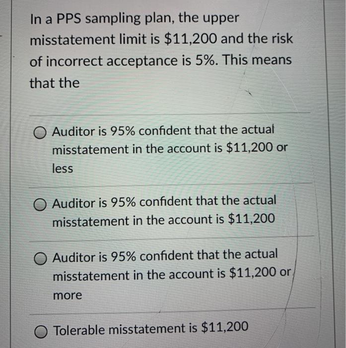 Solved In a PPS sampling plan, the upper misstatement limit | Chegg.com