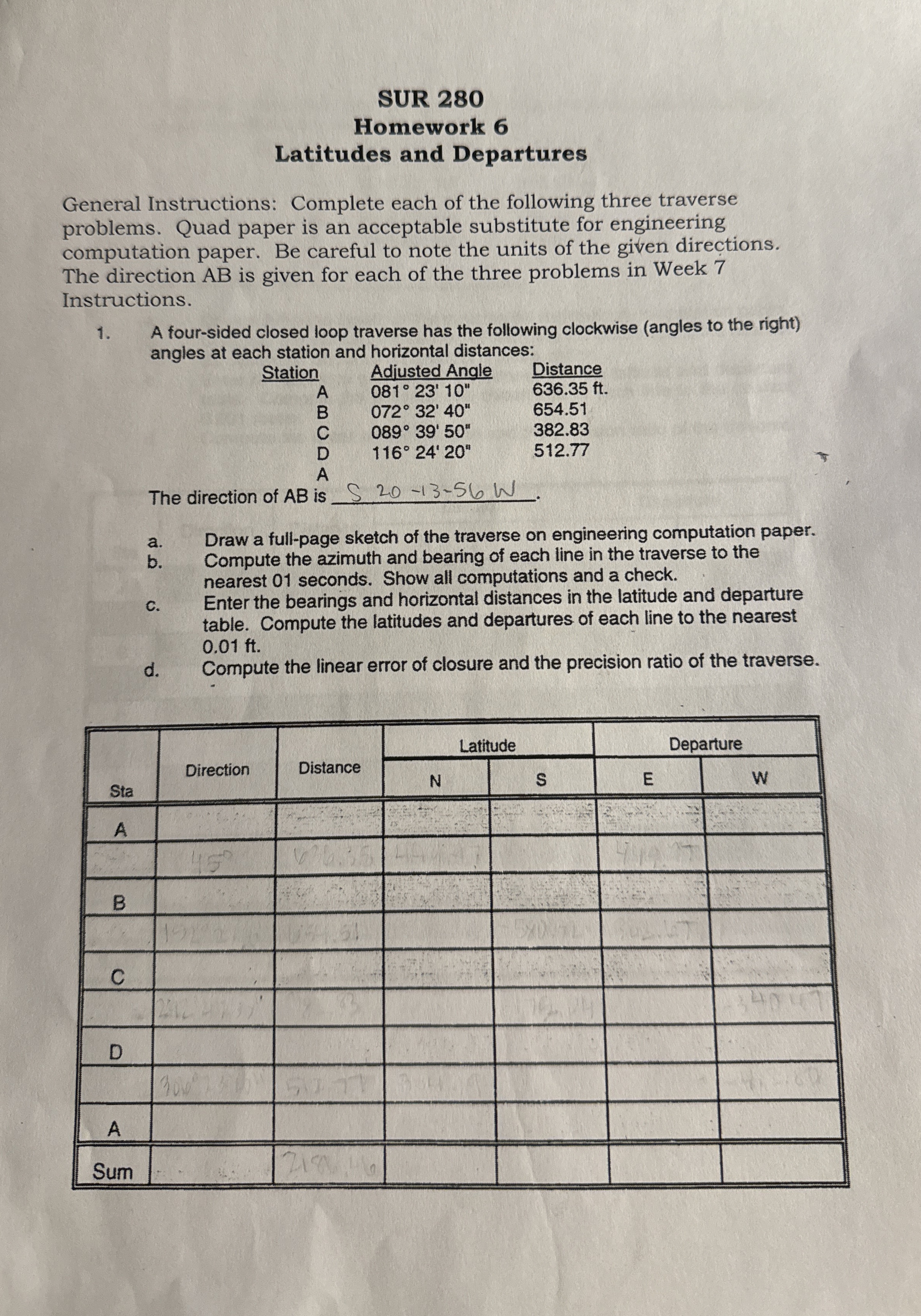 SUR 280Homework 6Latitudes and DeparturesGeneral | Chegg.com