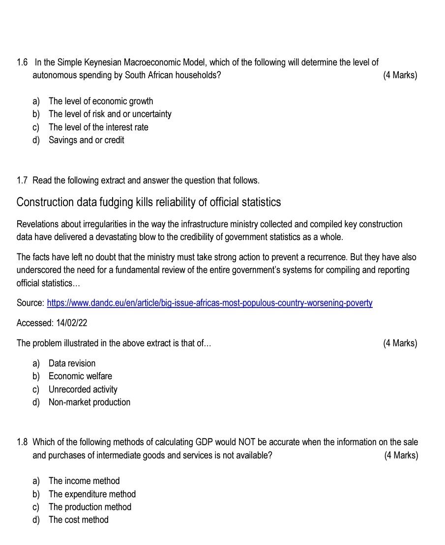 Solved 1.6 In the Simple Keynesian Macroeconomic Model, | Chegg.com