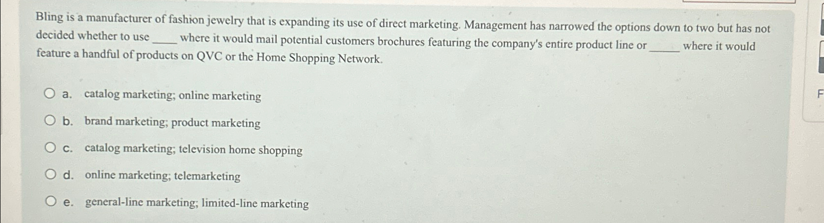 Solved Bling is a manufacturer of fashion jewelry that is | Chegg.com