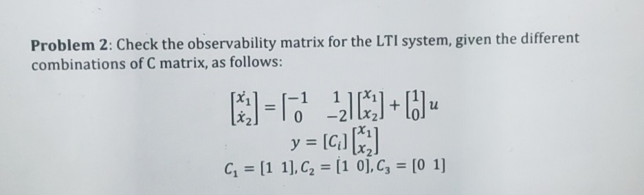 Solved Problem 2: Check the observability matrix for the LTI | Chegg.com
