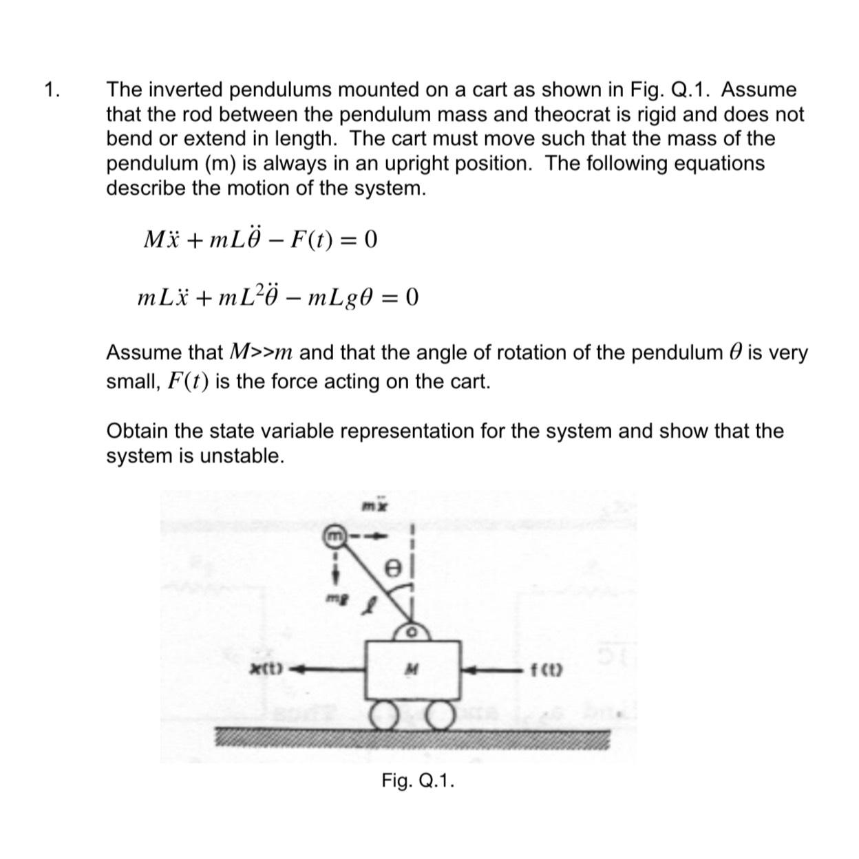 Solved The inverted pendulums mounted on a cart as shown in | Chegg.com